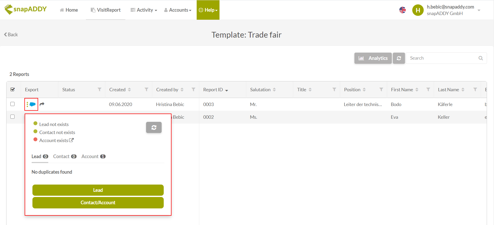 How to export a report to your CRM system via snapADDY dashboard
